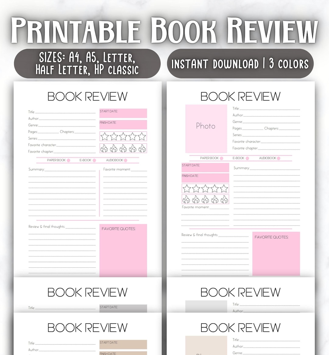 Book Review Template Printable Reading Journal, Reading Tracker, A4 A5 ...