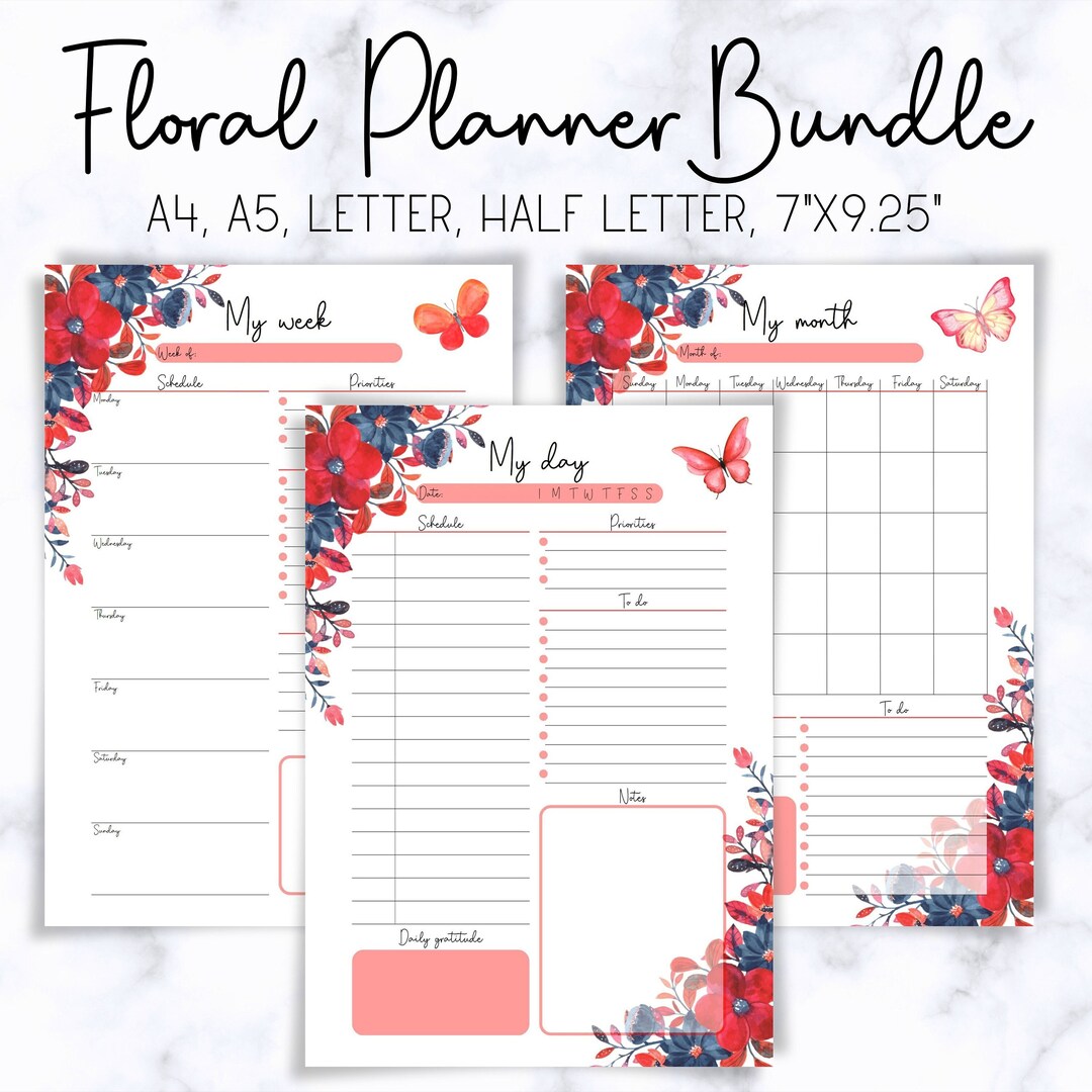 Floral Planner Bundle: Red & Blue Flower Theme (digital Download) - Etsy