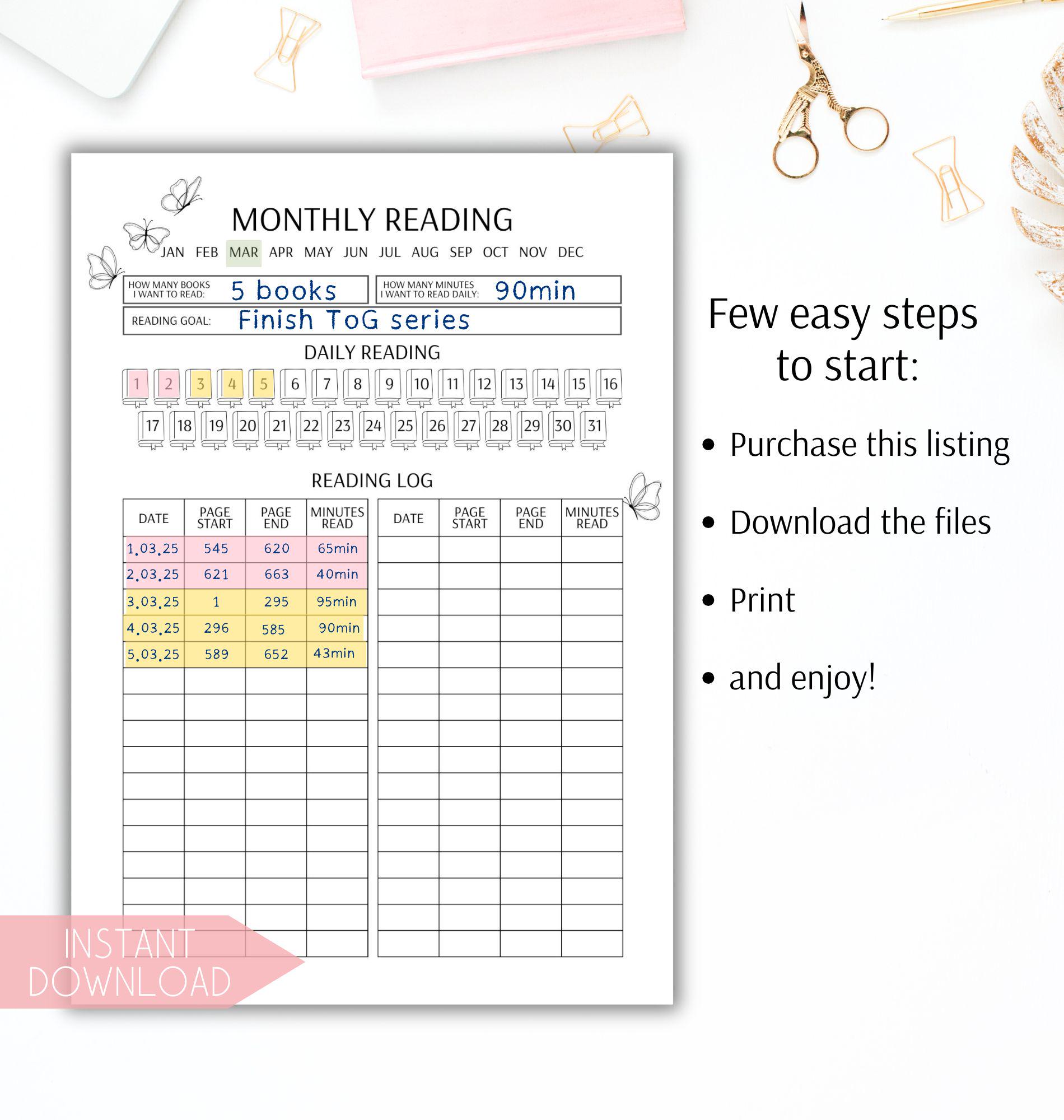 Printable Monthly Reading Tracker: A4, A5, Letter, Half Letter (digital ...
