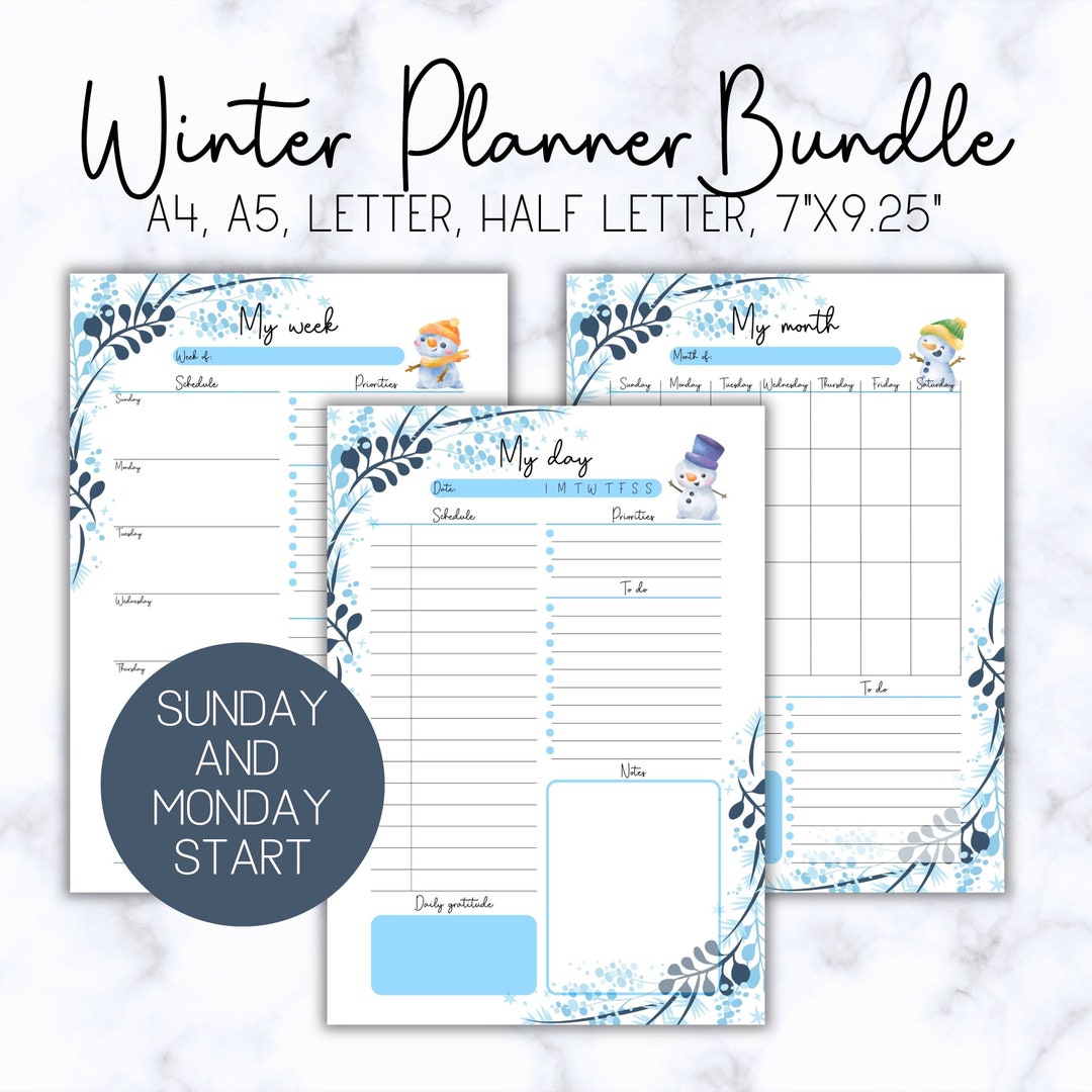 Winter Planner Bundle: Daily, Weekly, Monthly (A4, A5, Letter, 7x9.25 ...