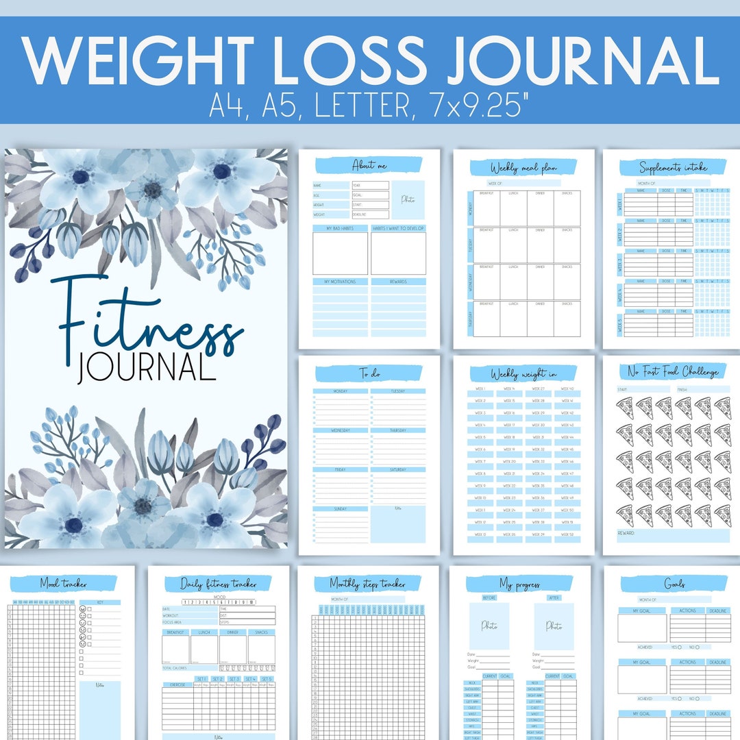 Printable Weight Loss Journal, Blue Fitness Planner, Weight Tracker ...