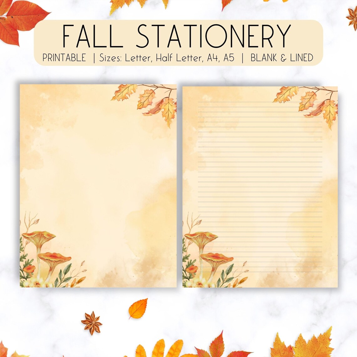 Watercolor Fall Stationery: Lined & Blank Writing Paper (digital ...