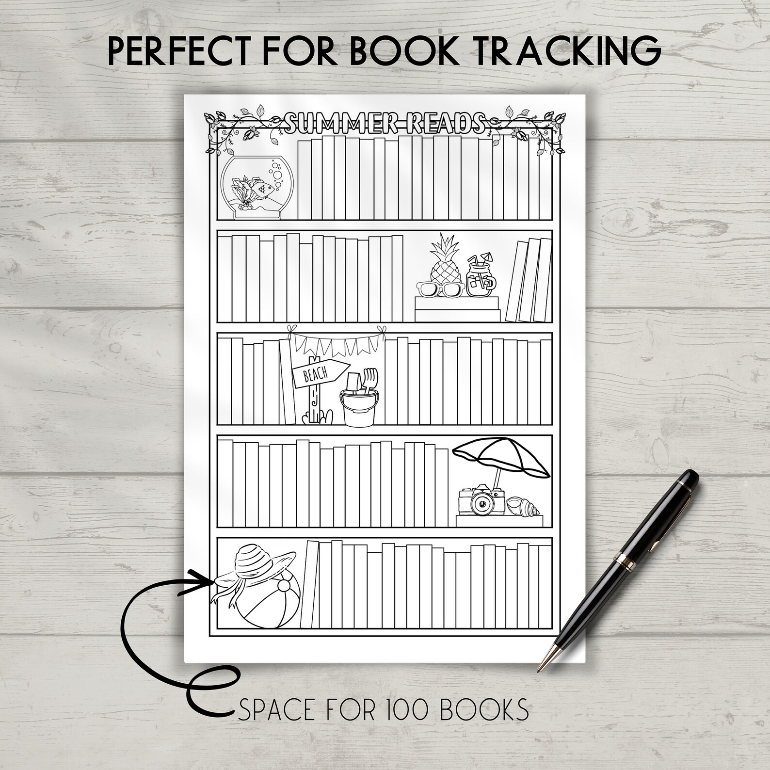 Printable Bookshelf Reading Tracker: Summer Reads 100 Books (A4 A5 ...