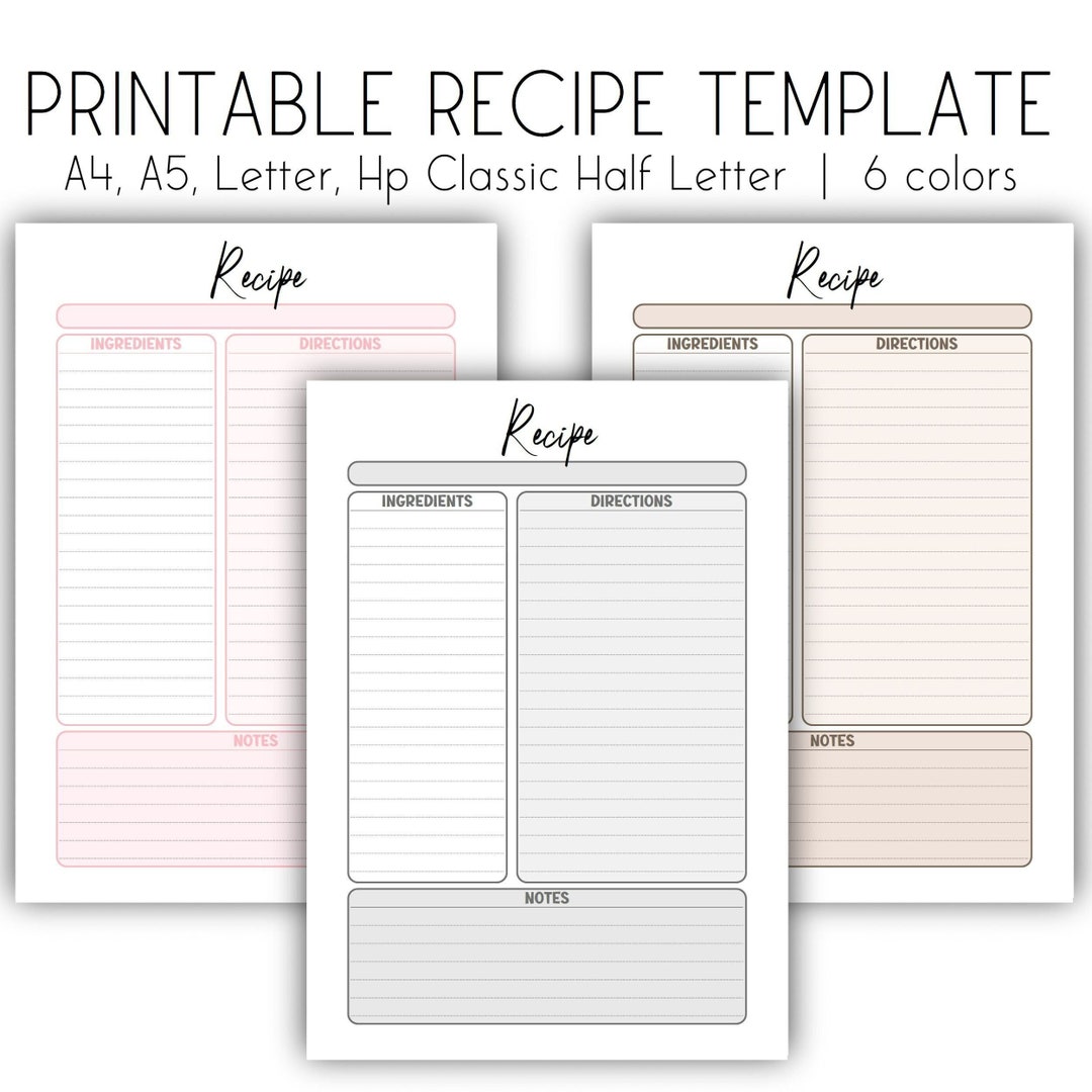 Recipe Template Printable, Blank Recipe Page, Cookbook Template, Recipe ...