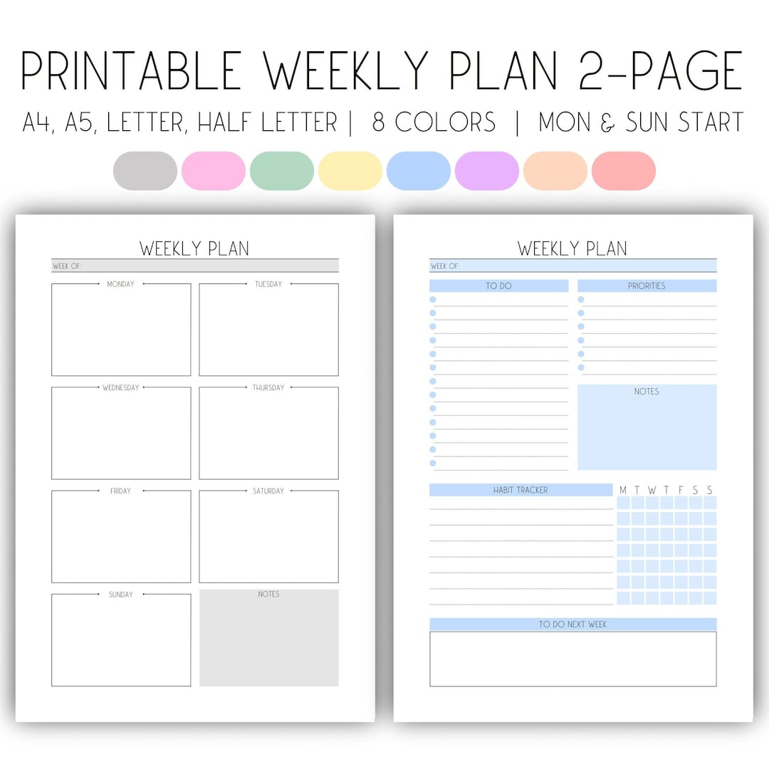 Weekly Plan Printable, Week on 2 Pages, Colorful Weekly Planner, Weekly ...