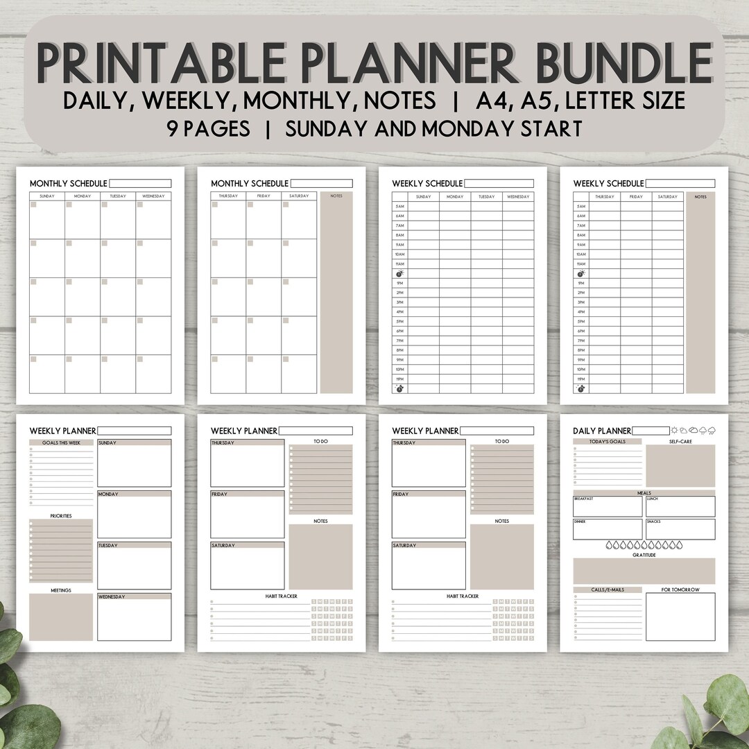 Printable Planner Bundle, 2 Page Daily Planner, 2 Page Weekly Planner ...