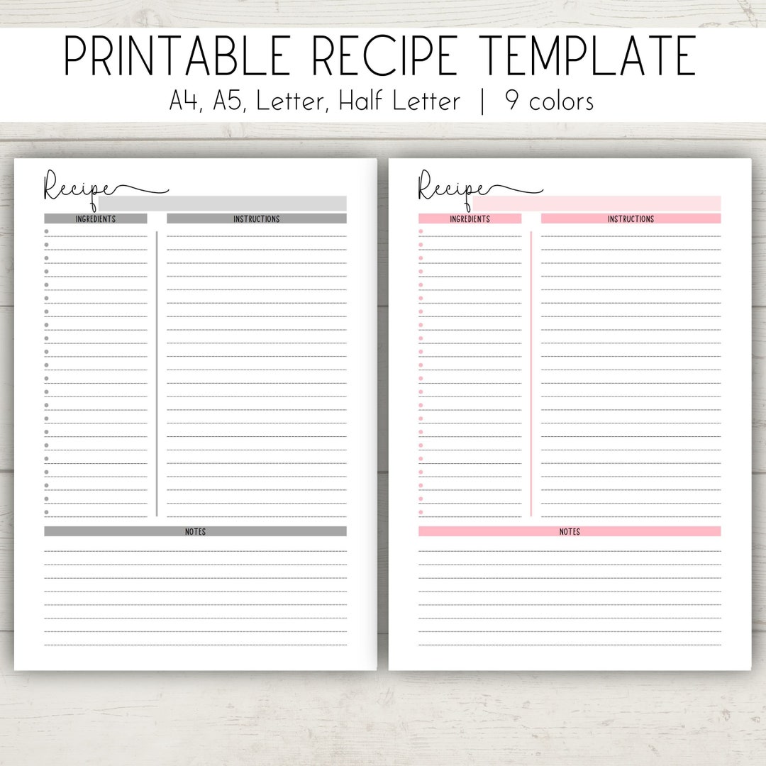Printable Recipe Template: Blank Cookbook Pages (PDF) - Etsy