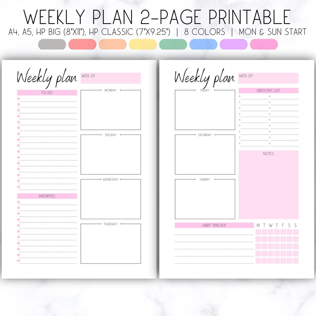 2-page Weekly Planner Printable, Week on 2 Pages, Colorful Weekly Plan ...