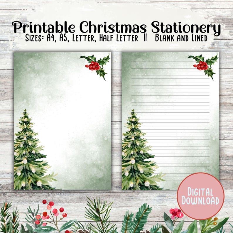 Christmas Stationery Printable: Lined & Blank Notes Pages (digital ...