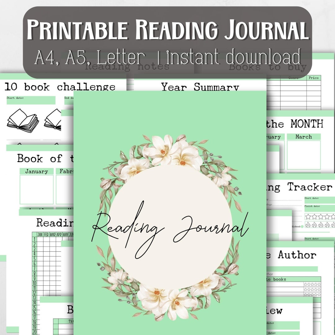 Book Reading Journal Printable Green Reading Planner Bundle, Book ...