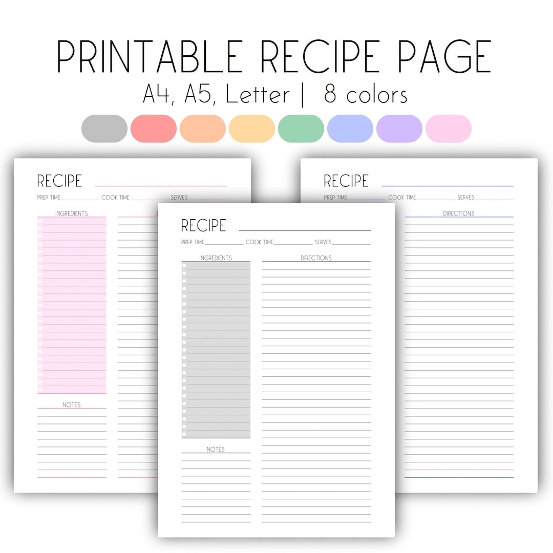 Recipe Page Printable, Blank Recipe Template, Recipe Sheet A4 A5 Letter ...