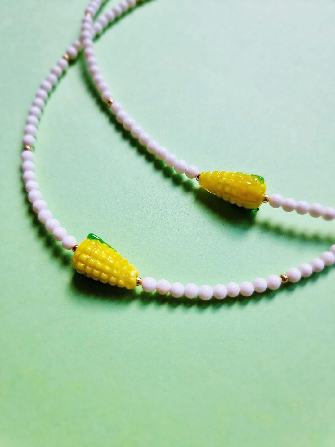 White Bead Necklace With Yellow Corn Cob-shaped Glass, Gold Bead ...