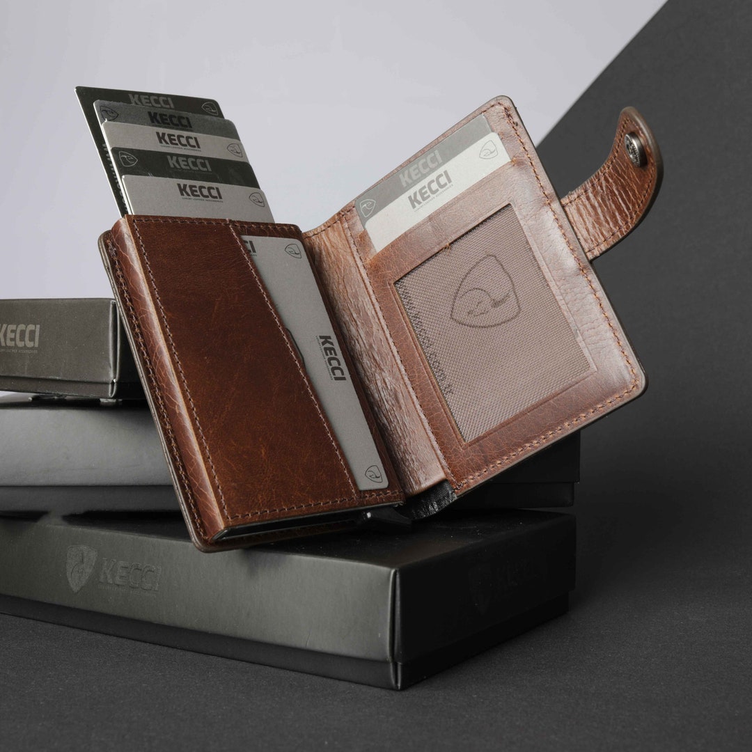 Mechanical Card Holder Genuine Leather Dante Brown Color - Etsy