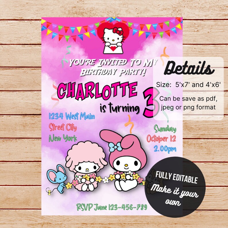 Kitty Cat Cartoon Melody Birthday Invitation Digital E-invite Easy ...