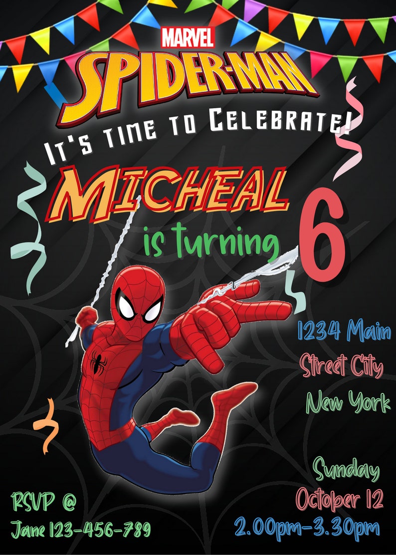 Spider-man Cartoon Birthday Invitation Digital E-invite Easy ...