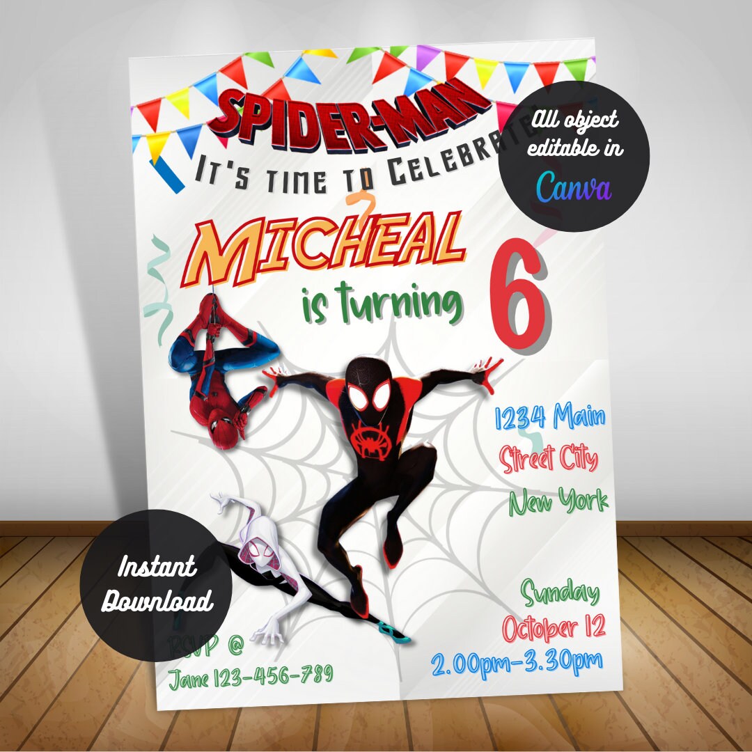 Spider Man Into Verse Cartoon Birthday Invitation Digital E Invite Easy Personalized Template