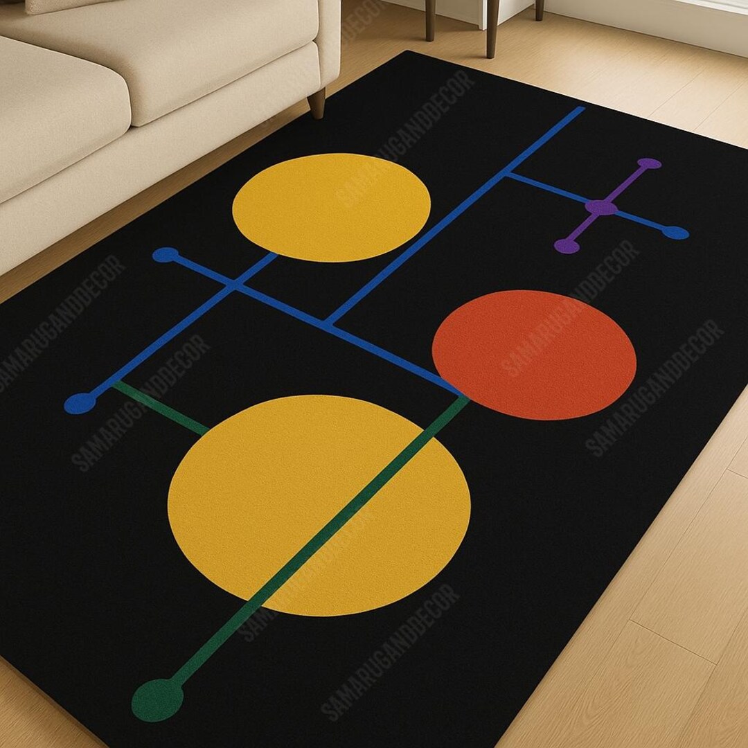 Black Abstract Rug | Retro Geometric Circles Floor Decor - Etsy