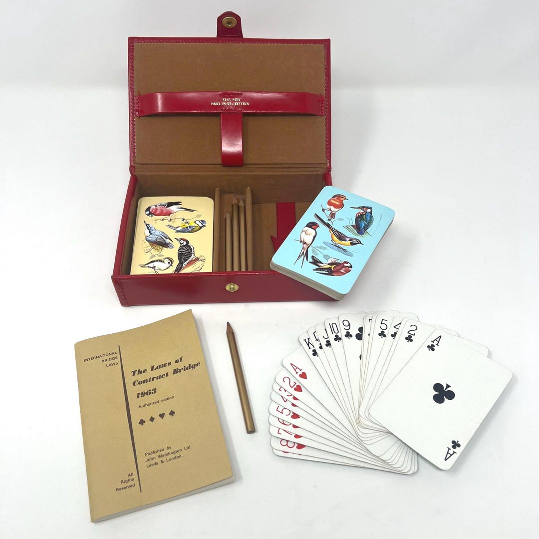 Vintage Waddingtons Bridge Card Set: English Garden Birds, Leather Case ...