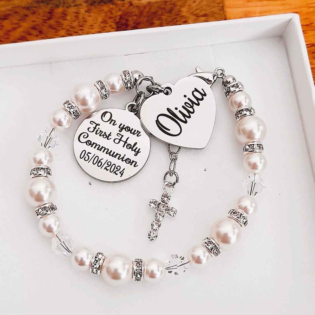 First Communion Gift , Girls Communion Bracelet, White Pearl Communion ...