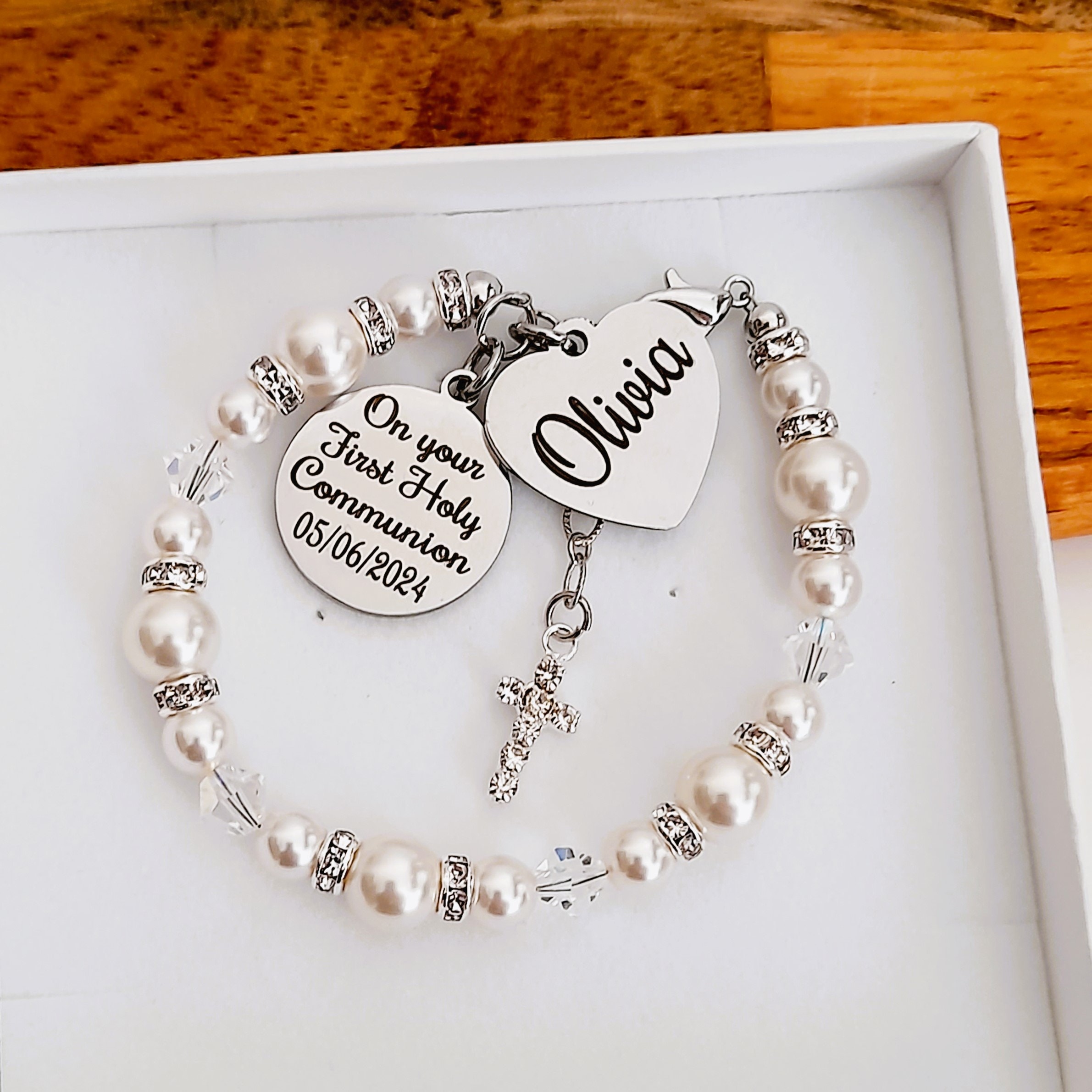 First Communion Gift , Girls Communion Bracelet, White Pearl Communion ...