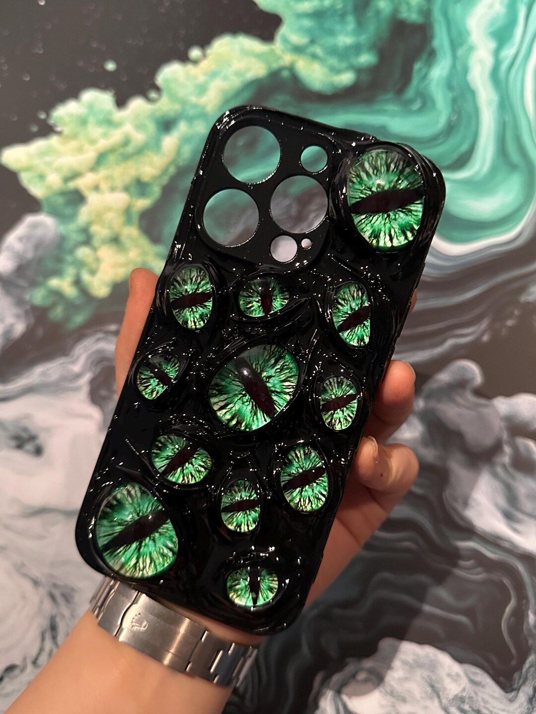 3D Aesthetic Green Eyes Horror Phone Case Handmade Creepy Eyes Cool ...