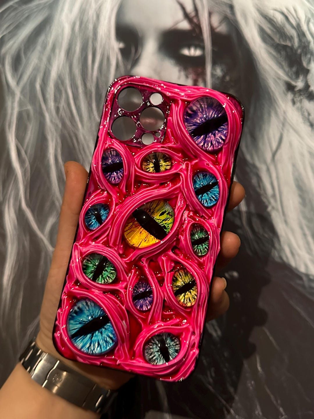 3D Pink Sweet Silicone Horror Phone Case Handmade Goth Creepy Eyes Cool ...
