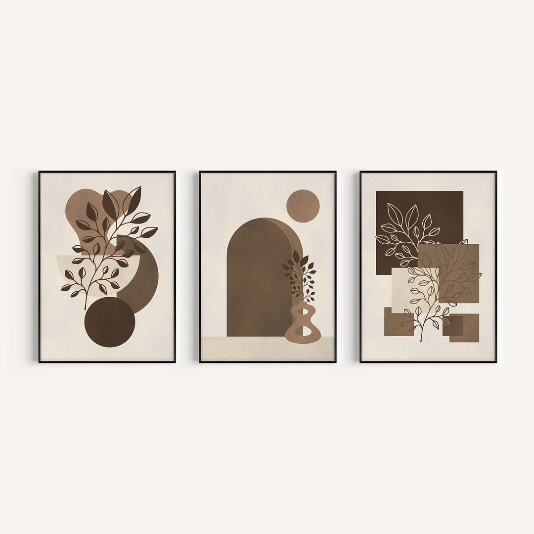 Abstract Brown Nature Shapes Print Set of 3, Brown Cream Wall Art ...
