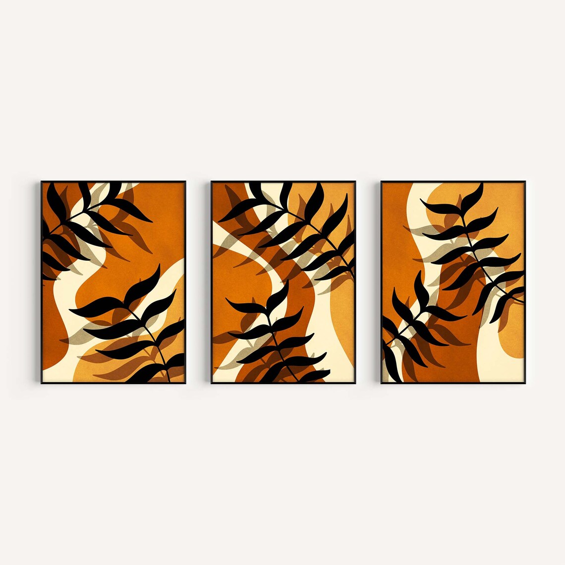 Abstract Orange Shapes and Leaves Print Set of 3, Orange Wall Art ...