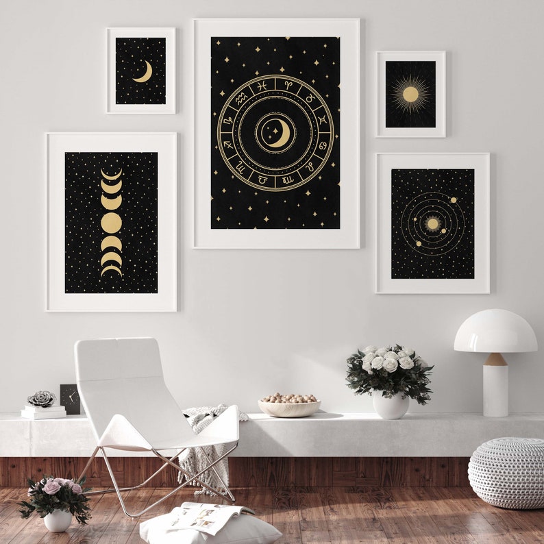 Printable Wall Art Constellation Wheel Zodiac Golden Star Collection ...