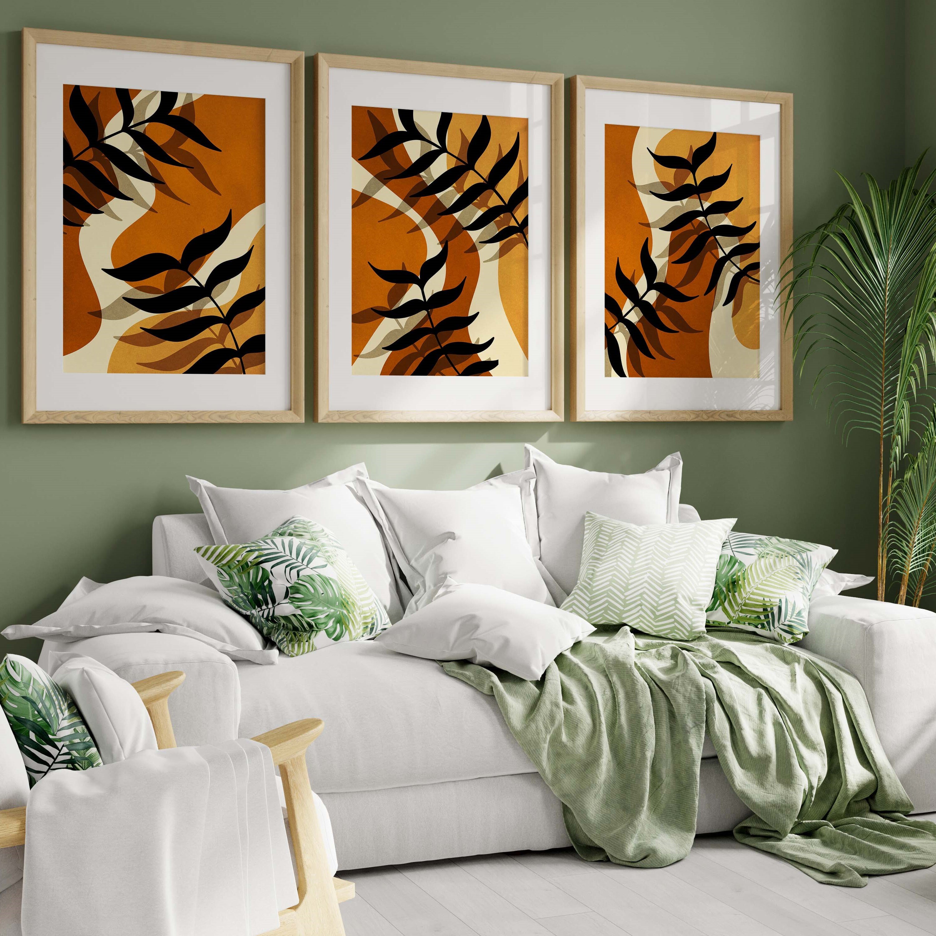Abstract Orange Shapes and Leaves Print Set of 3, Orange Wall Art ...