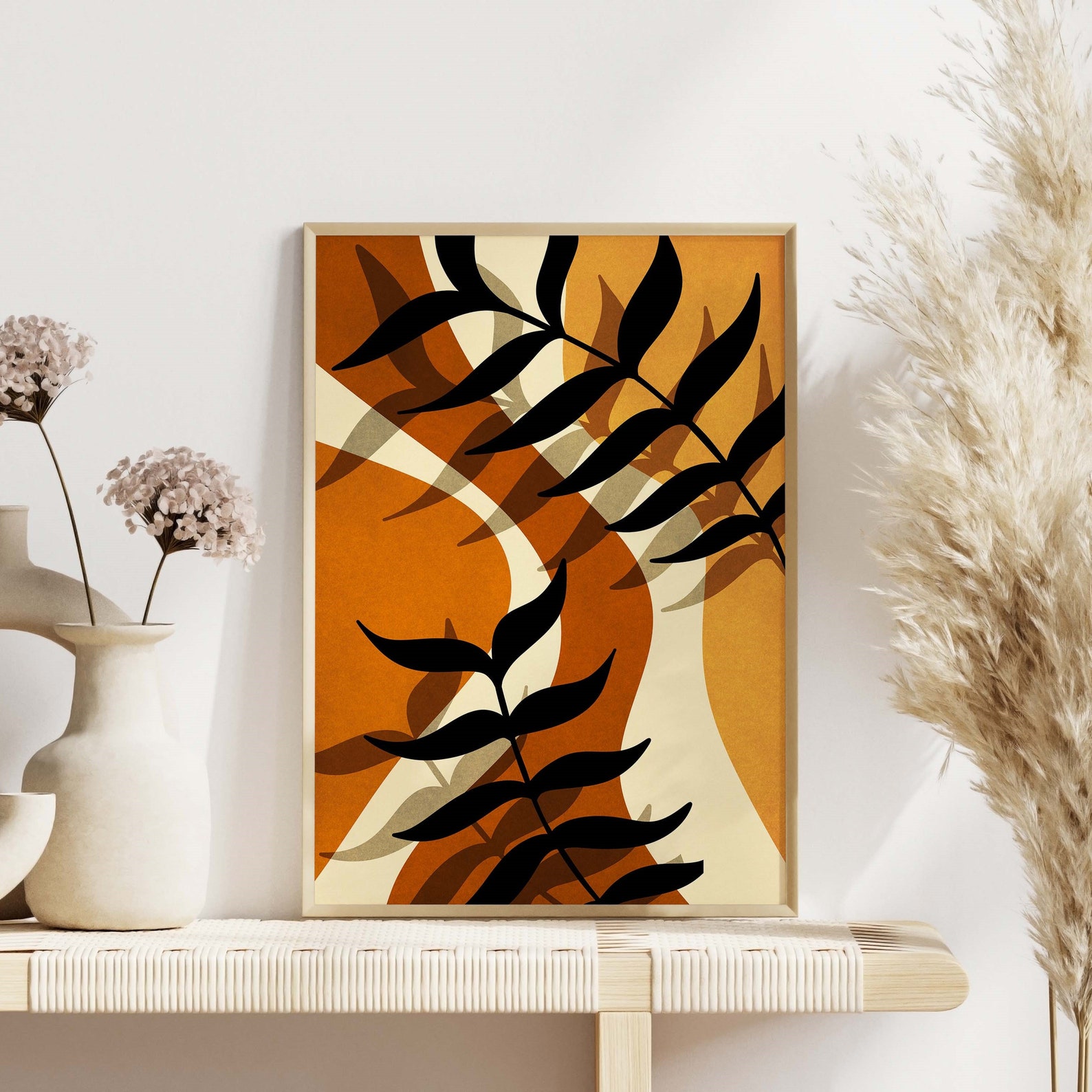 Abstract Orange Shapes and Leaves Print Set of 3, Orange Wall Art ...