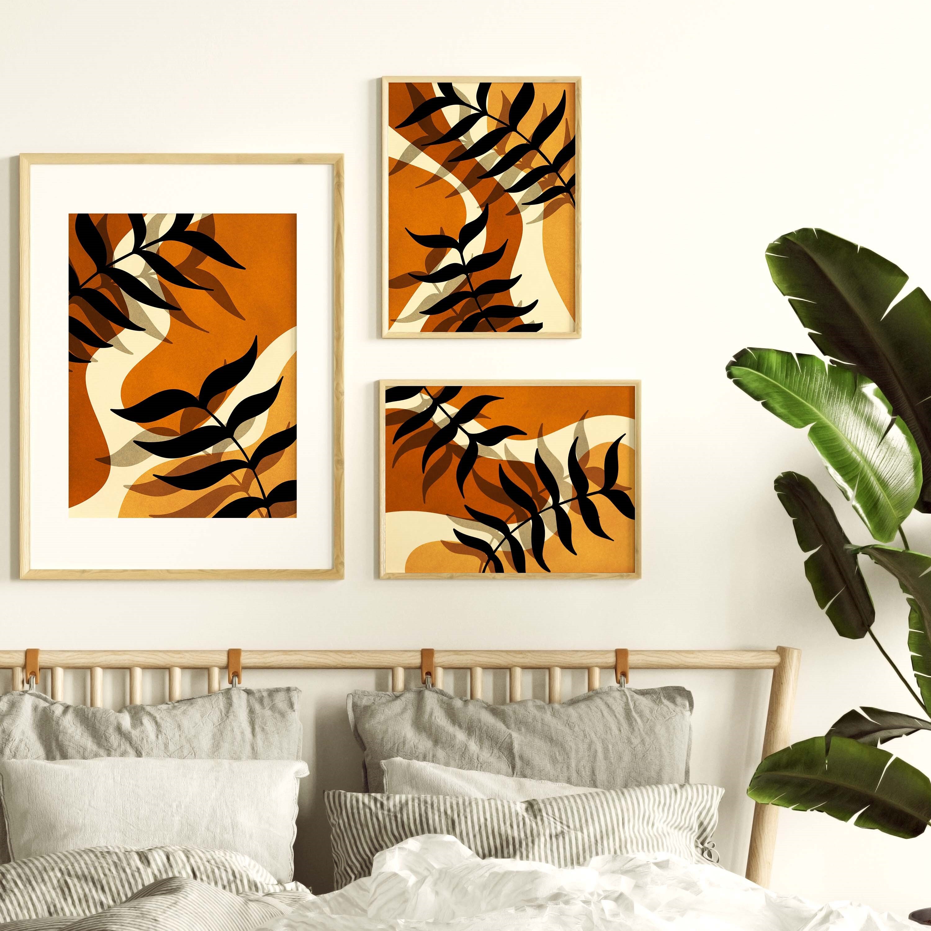 Abstract Orange Shapes and Leaves Print Set of 3, Orange Wall Art ...