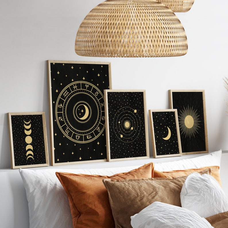 Printable Wall Art Constellation Wheel Zodiac Golden Star Collection ...