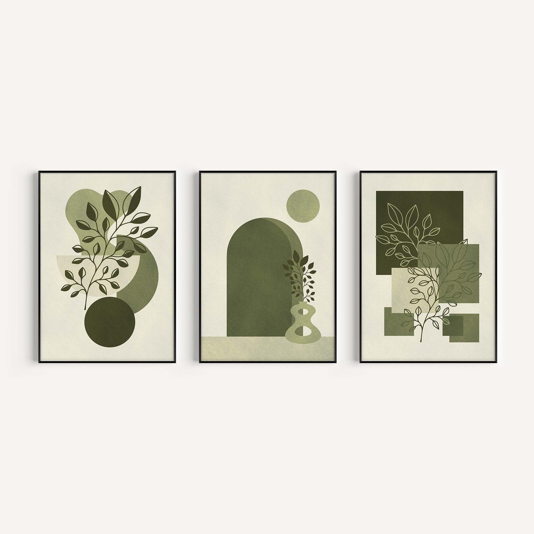Abstract Green Nature Shapes Print Set of 3, Green Wall Art, Abstract ...