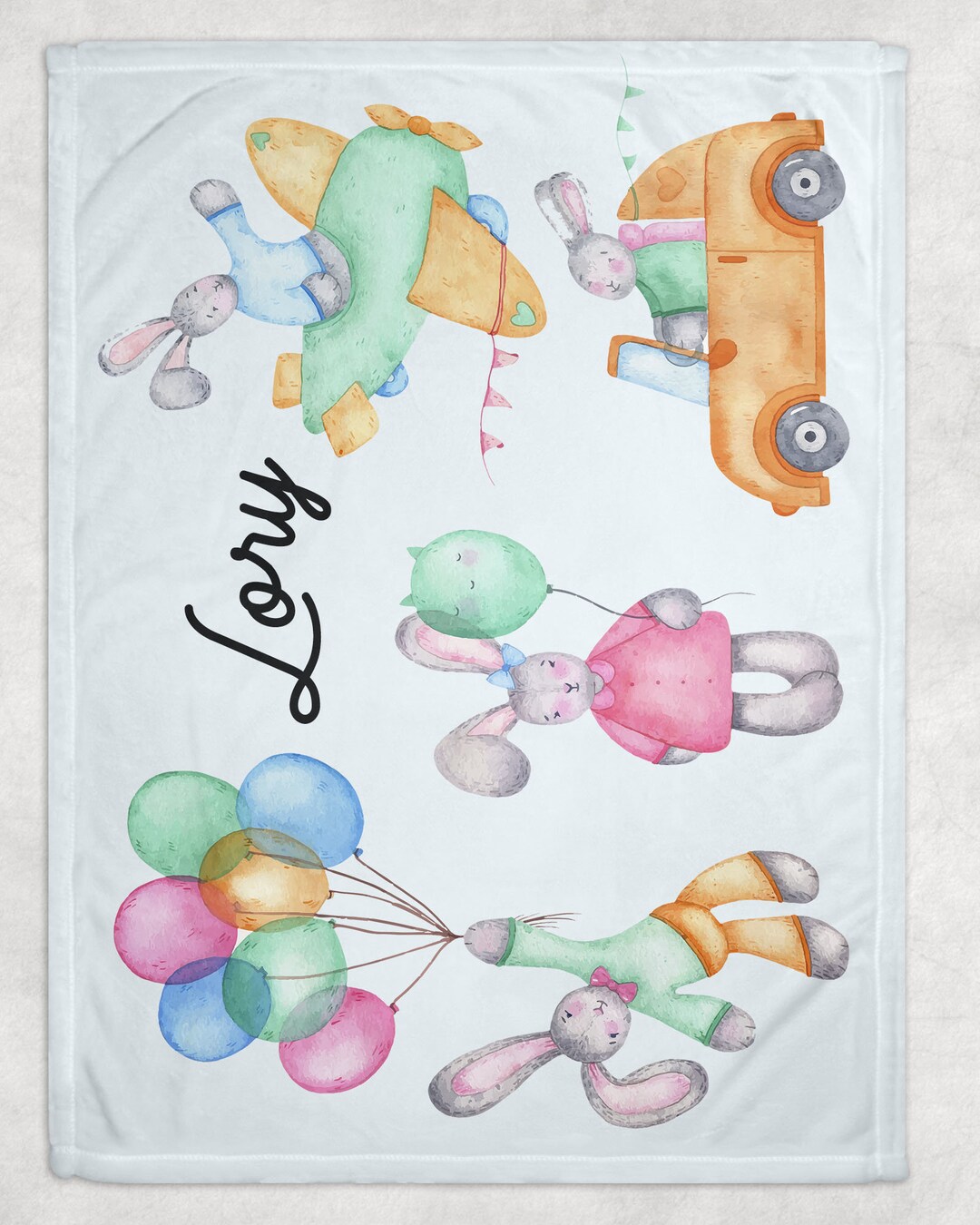 Bunny With Balloons Baby Girl Name Blanket, Personalized Bunny Rabbit ...