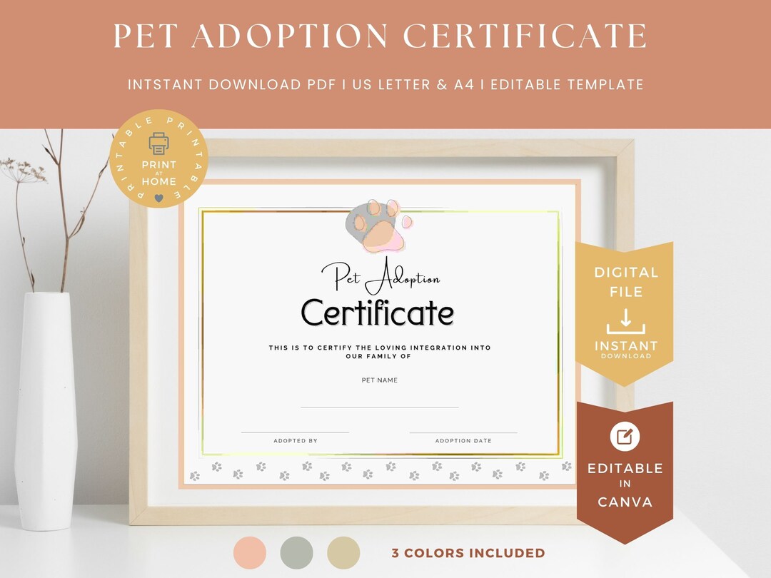Pet Adoption Certificate, Editable Canva Template, Puppy Adoption Party ...