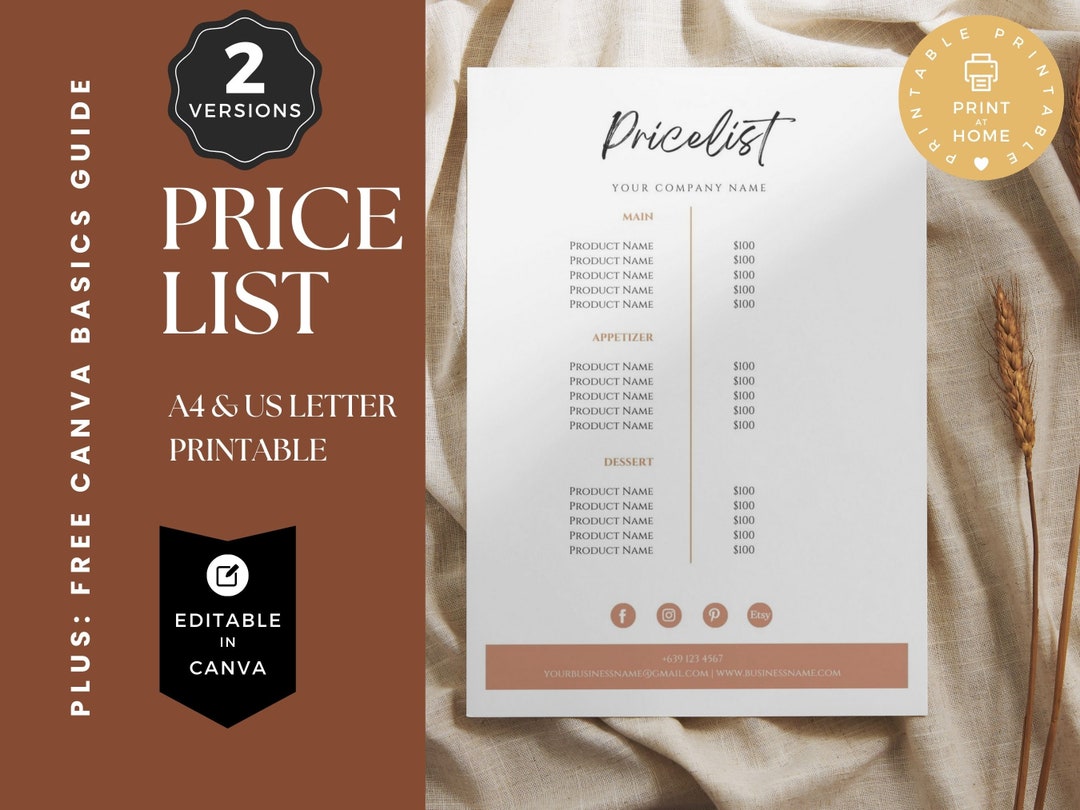 Price List Template, Editable Price List, Small Business Forms, Canva ...