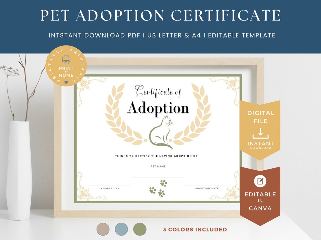 Pet Adoption Certificate Editable Canva Template Cat - Etsy