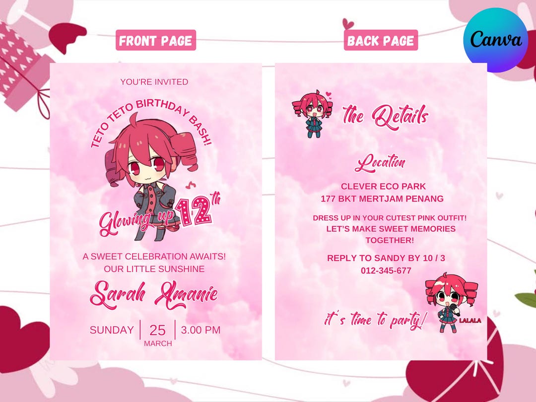 Editable Kasane Teto Anime Birthday Invitation With Pink Party Theme K ...