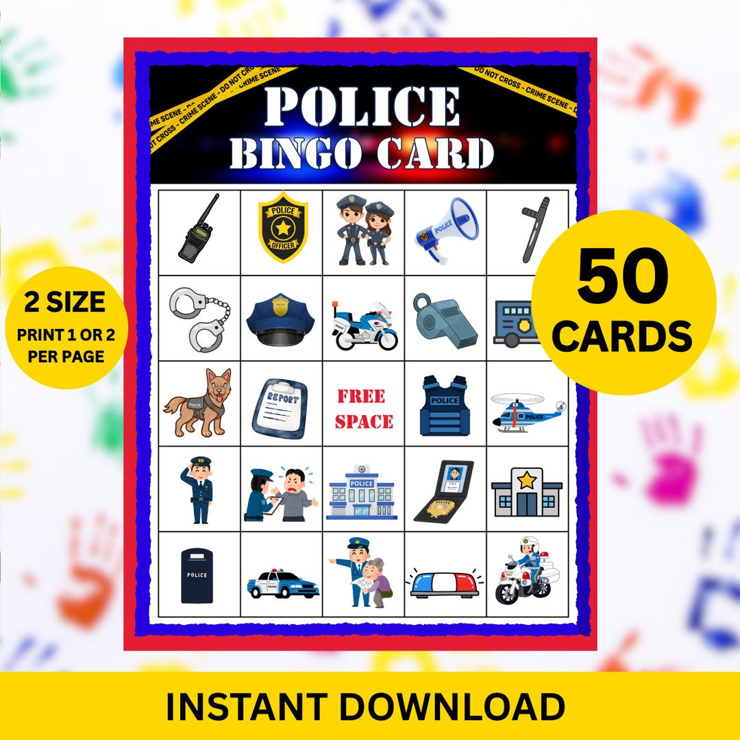 Police Bingo Card, 50 Card Bingo, Birthday Bingo Card, Classroom Game ...