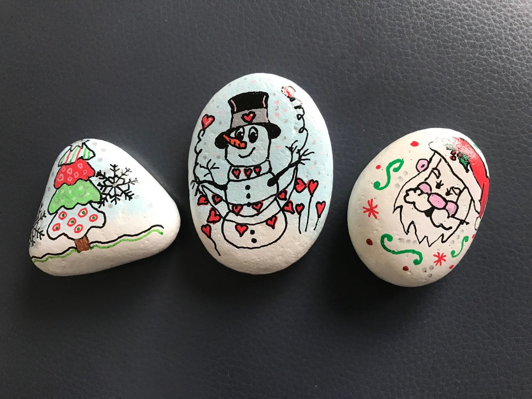 Set of 3 Hand Painted Christmas Stones/rocks, Santa, Snowman ...