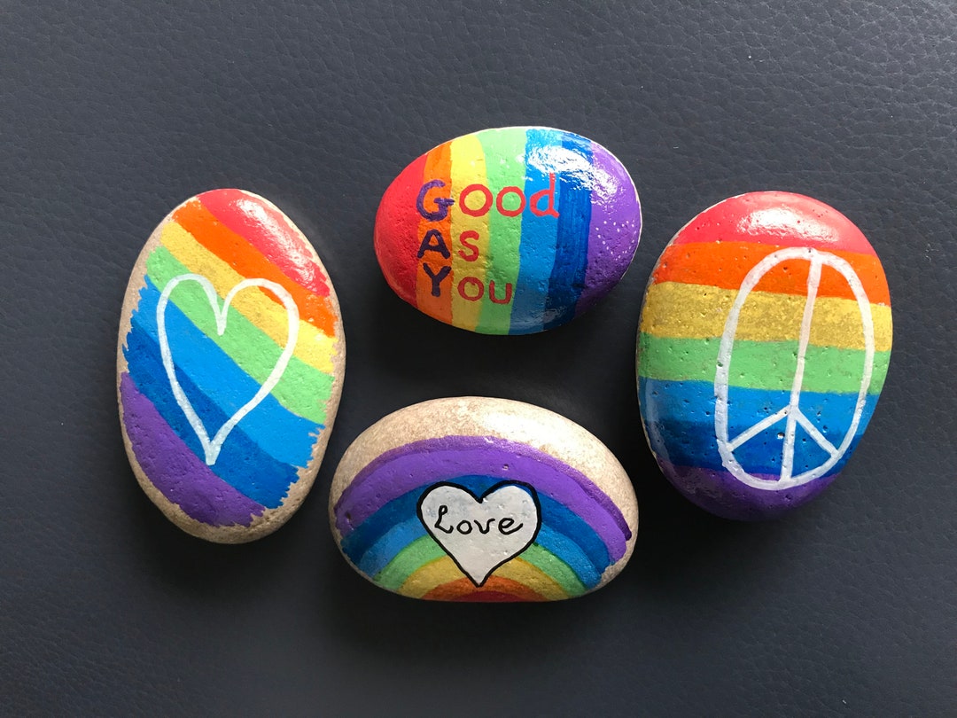 Set of 4 Hand Painted Pebbles With Pride Rainbows - Etsy UK