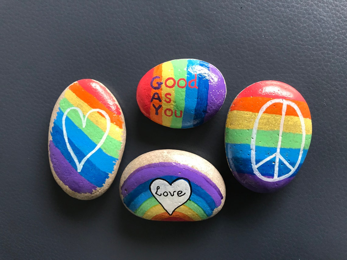 Set of 4 Hand Painted Pebbles With Pride Rainbows - Etsy UK