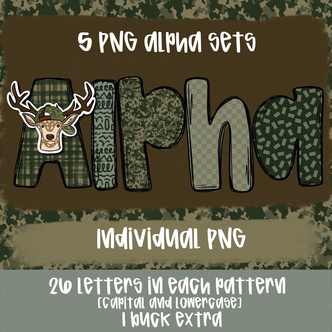Camo Alpha Set | 5 PNG Fonts | Sublimation Design | Digital Download ...