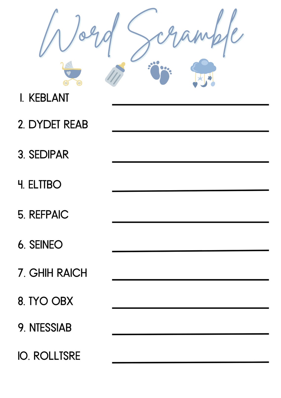 Printable Baby Scramble Game, Blue Baby Shower Games, Baby Shower Party ...