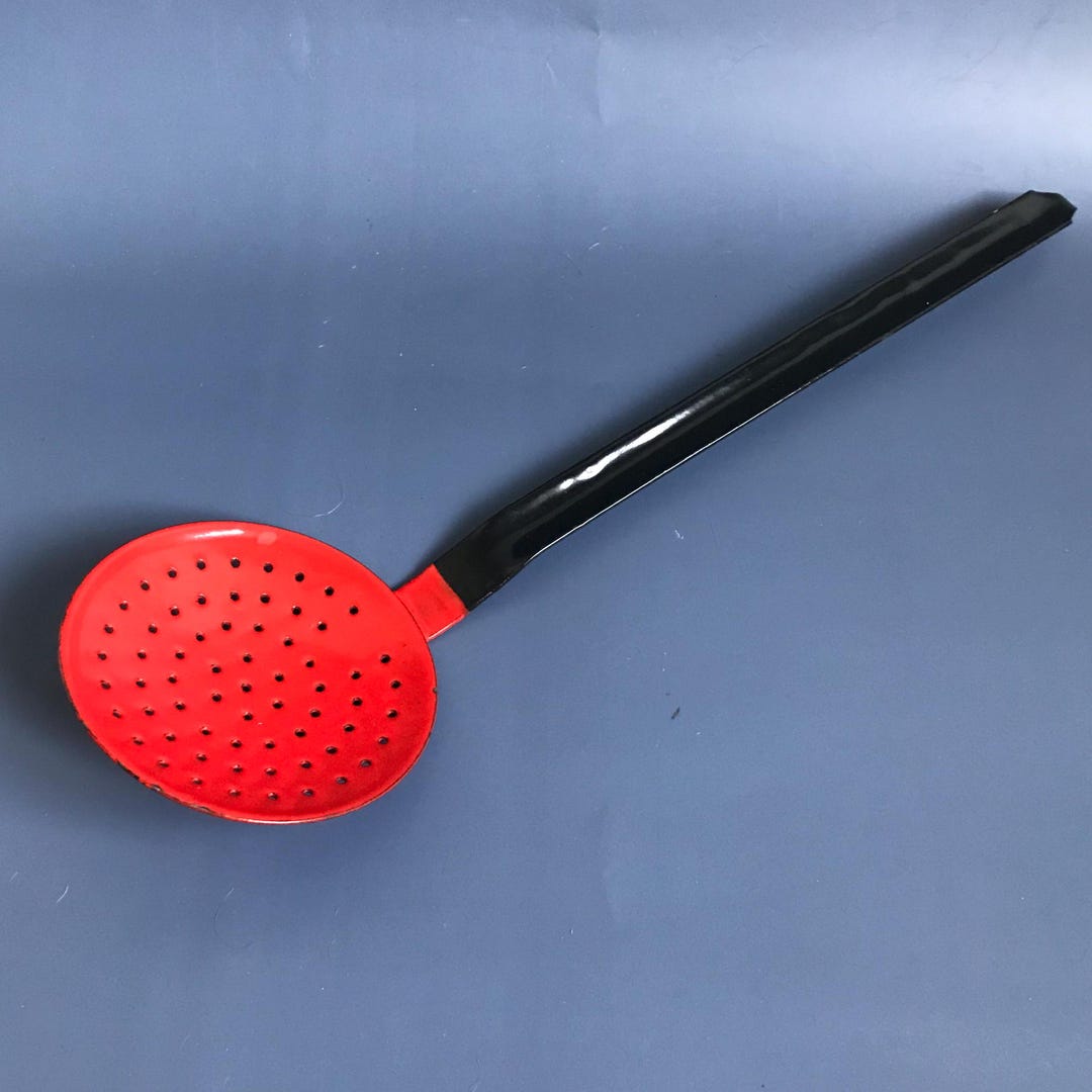 Red Skimmer, Vintage Metal Enamel Skimmer Strainer Spoon, Old Kitchen ...