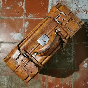 Vintage Brown Faux Leather Suitcase With Buckle Straps, Retro Luggage ...