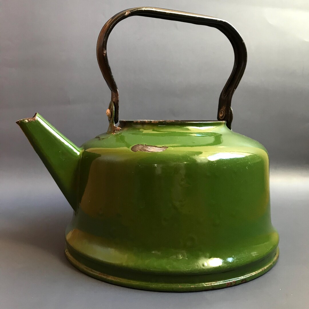 Rustic Enamel Metal Teapot, Green Garden Planter, Farmhouse Kitchen ...