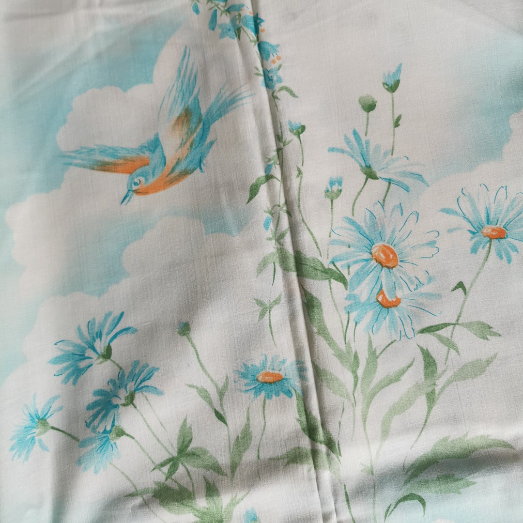 1980s Soviet Cotton Fabric With Birdth and Flower Print, One Piece ...