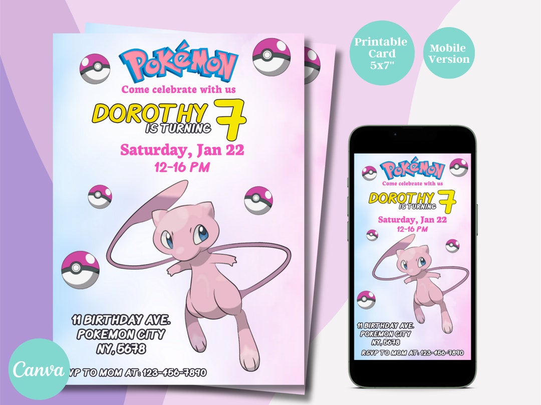 Editable Pokemon Birthday Invitation, Pokemon Birthday Theme, Mew ...